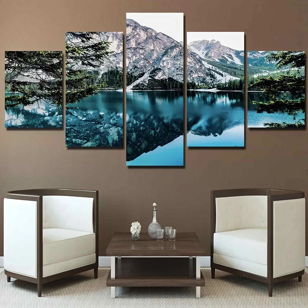 Quadro moderno montagna e lago su tela canvas, paesaggio natura déco ...